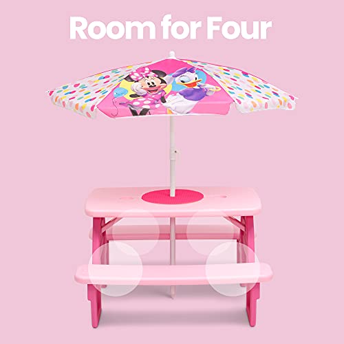 Delta Children 4 Seat Activity Picnic Table with Umbrella and Lego Compatible Tabletop, Minnie Mouse, 32.5 in x 34.25 in x 53.5 in
