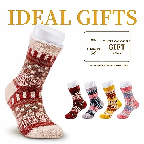 ICEIVY 5 Pack Women Thick Soft Warm Fuzzy Socks Winter Wool Fluffy Cozy Socks Casual Home Sleep Socks with Gifts Box(Multicolor-K)