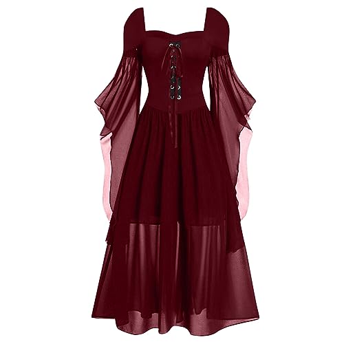 Halloween Costumes Gothic Dresses Cross Off-The Gothic Dresses for Women Woman Halloween Costume Womens Witch Costume Ren Faire Costume Oktoberfest Outfits Women Renaissance Faire(3-Wine,3X-Large)