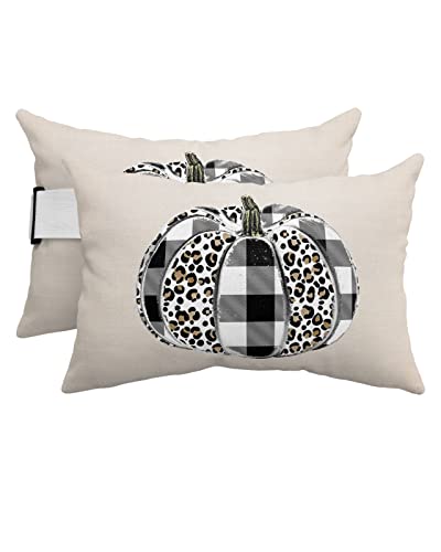 Recliner Head Pillow Ledge Loungers Chair Pillows with Insert Farmhouse Black Plaid Leopard Pumpkin Lumbar Pillow with Adjustable Strap Outside Patio Decorative Garden Cushion for Bench Couch, 2 PCS