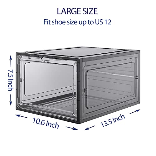 DEZENE Clear Stackable Shoe Storage Boxes: 6 Pack Balck Large Sturdy Plastic Shoe Organizer Containers for Closet, Drop Front Shoe Bins for Display Sneakers, Fit Shoe Size Up to US Men 12