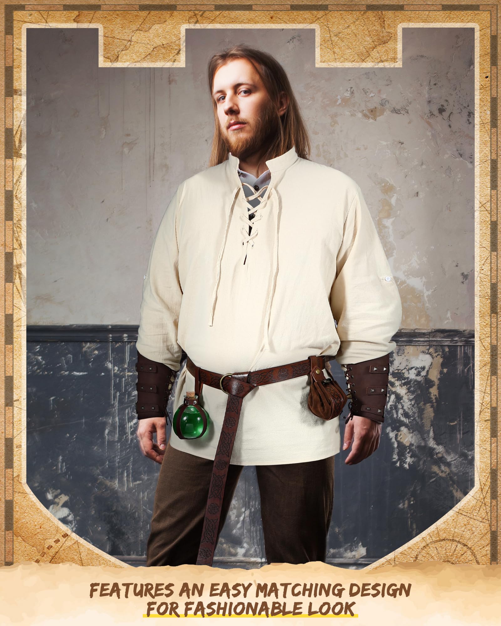 Ramede 6 Pcs Men's Renaissance Costume Set Medieval Pirate Shirt Leather Arm Guards Viking Belt Medieval Bag Accessories(X-Large)