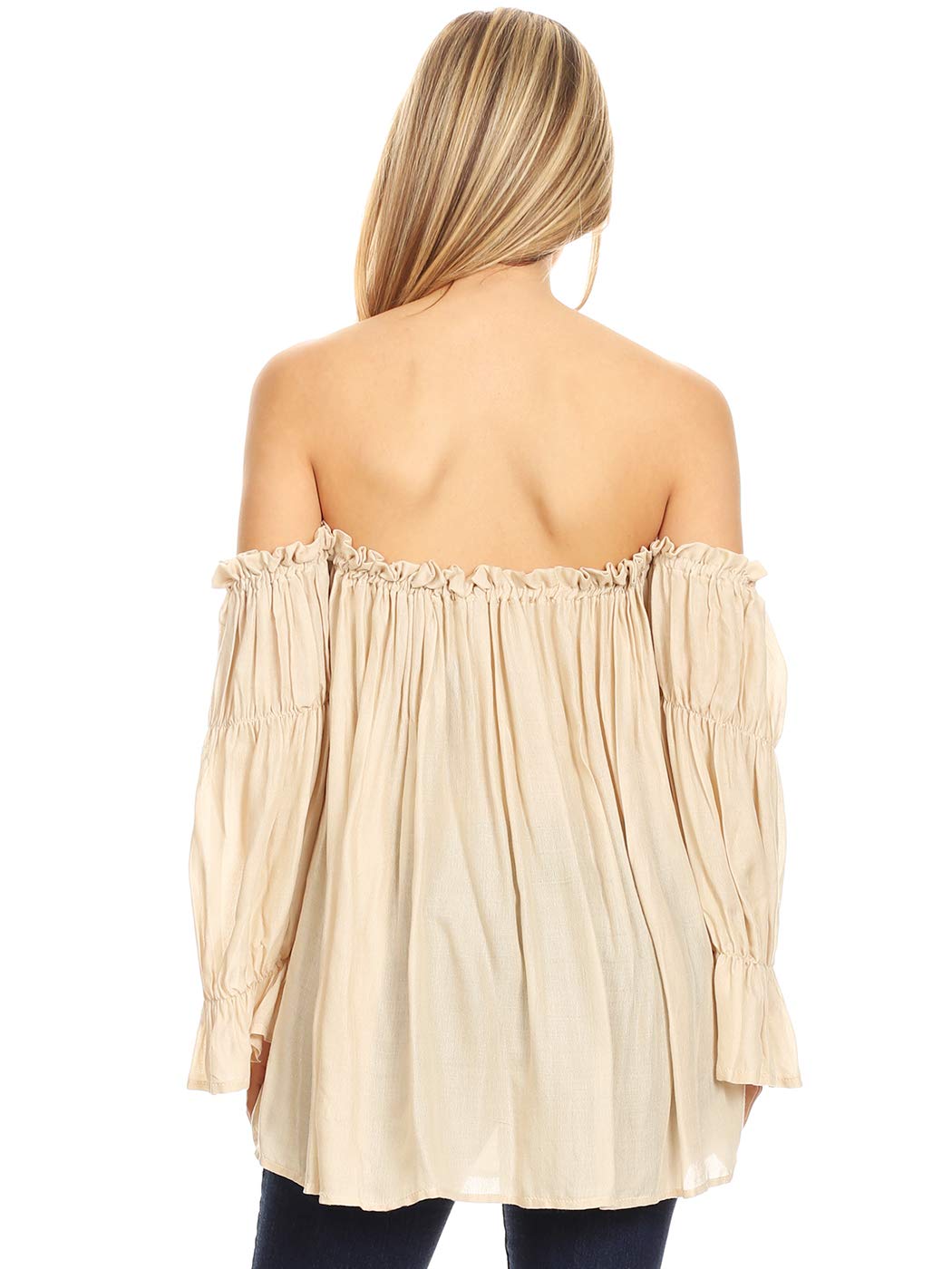 Anna-Kaci Womens Semi Sheer Boho Peasant Long Sleeve Off The Shoulder Top, Beige, XX-Large