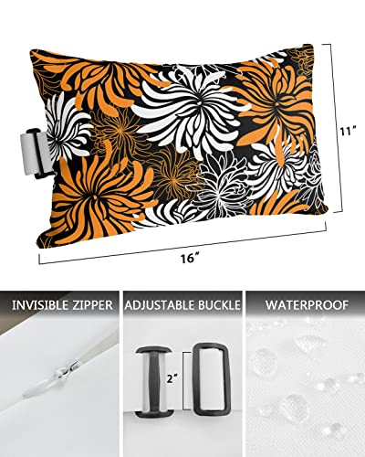 Recliner Head Pillow Ledge Loungers Chair Pillows with Insert Orange and Black Dahlia Foral Lumbar Pillow with Adjustable Strap Outdoor Waterproof Patio Pillows for Beach Pool Chair, 2 PCS