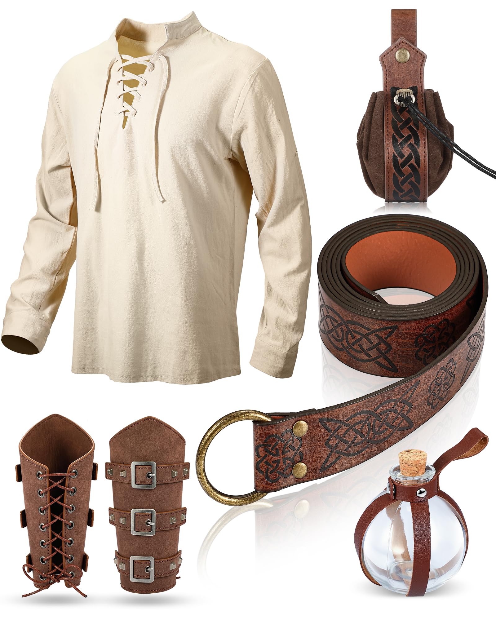 Ramede 6 Pcs Men's Renaissance Costume Set Medieval Pirate Shirt Leather Arm Guards Viking Belt Medieval Bag Accessories(X-Large)