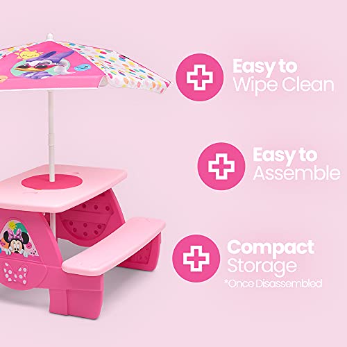 Delta Children 4 Seat Activity Picnic Table with Umbrella and Lego Compatible Tabletop, Minnie Mouse, 32.5 in x 34.25 in x 53.5 in