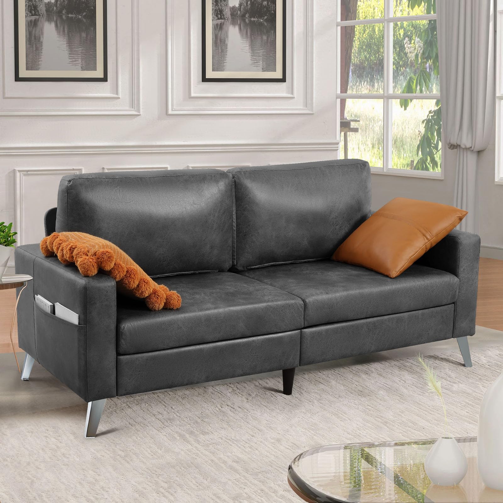 Esright Leather Sofa Couch, Faux Leather Couch 79" Wide, Mid Century Modern Couches for Living Room, Grey Leather Sofa Couch, Grey