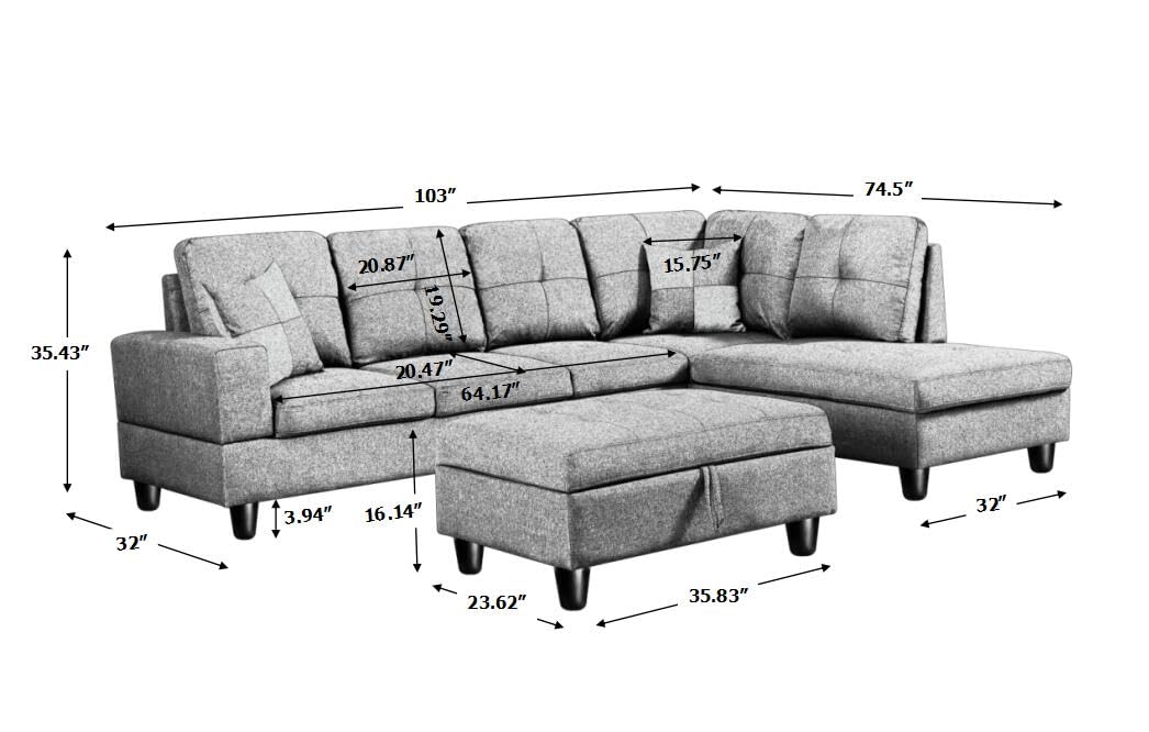 GINGVAT Black Faux Leather Sectional Sofa, L Shaped Couch with Right Chaise Storage Ottoman & 2 Pillows for Living Room Furniture Sets