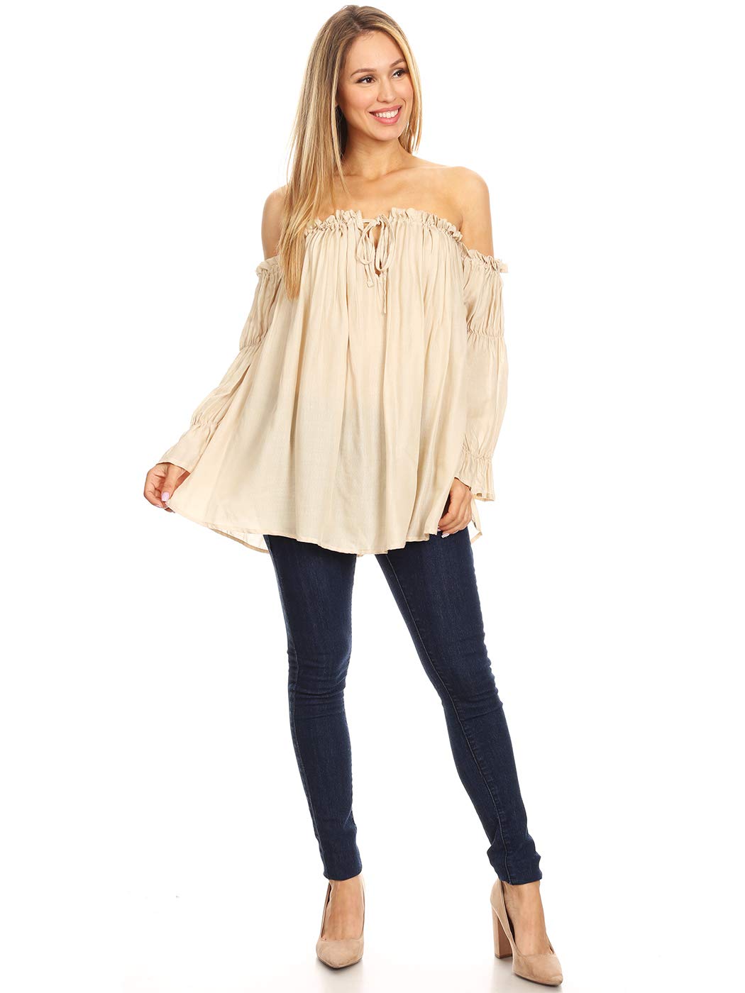 Anna-Kaci Womens Semi Sheer Boho Peasant Long Sleeve Off The Shoulder Top, Beige, XX-Large