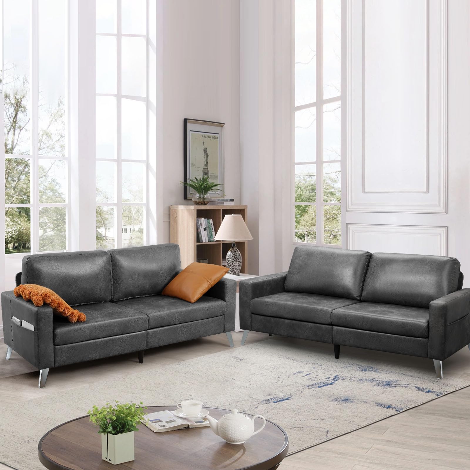Esright Leather Sofa Couch, Faux Leather Couch 79" Wide, Mid Century Modern Couches for Living Room, Grey Leather Sofa Couch, Grey