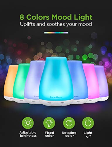 InnoGear Essential Oil Diffuser, Upgraded Diffusers for Essential Oils Aromatherapy Diffuser Cool Mist Humidifier with 7 Colors Lights 2 Mist Mode Waterless Auto Off for Home Office Room, Basic White