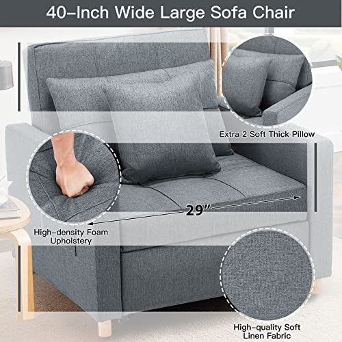 Esright 40 Inch Sleeper Chair Bed 3-in-1 Convertible Futon Chair Multi-Functional Sofa Bed Adjustable Reading Chair, Sofa, Bed, Sleeper Chair with Modern Linen Fabric, Drak Grey