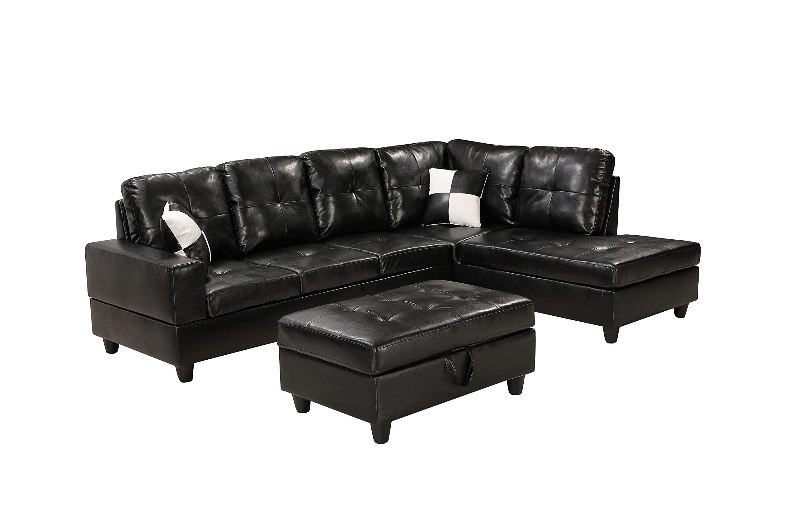GINGVAT Black Faux Leather Sectional Sofa, L Shaped Couch with Right Chaise Storage Ottoman & 2 Pillows for Living Room Furniture Sets