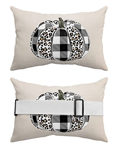 Recliner Head Pillow Ledge Loungers Chair Pillows with Insert Farmhouse Black Plaid Leopard Pumpkin Lumbar Pillow with Adjustable Strap Outside Patio Decorative Garden Cushion for Bench Couch, 2 PCS
