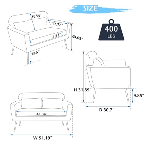 51" Faux Leather Loveseat Sofa with 2 Throw Pillows,Mid-Century Loveseat Faux Leather Sofa Couch for Small Space,Two-Seater Sofa with Metal Legs,Small Mini Room Couch for Office (Dark Brown)