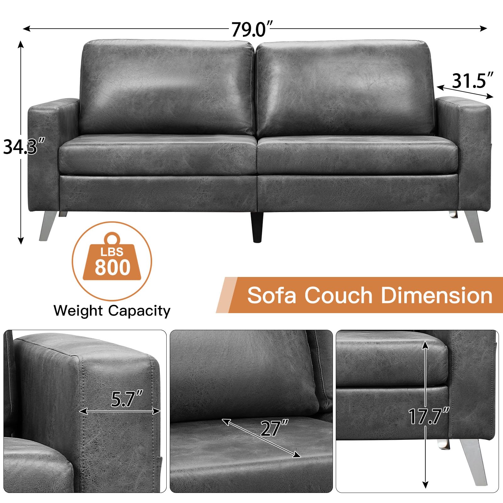 Esright Leather Sofa Couch, Faux Leather Couch 79" Wide, Mid Century Modern Couches for Living Room, Grey Leather Sofa Couch, Grey
