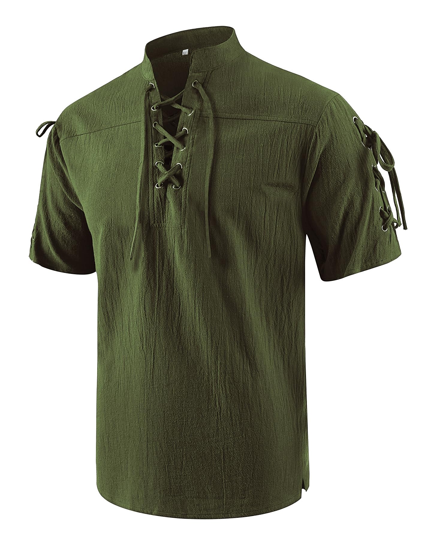 mogenda Men’s Renaissance Costume Beach Shirts Short Sleeve Lace-up Viking Pirate T-Shirts V Neck Hippie Yoga Tops(L,Army)