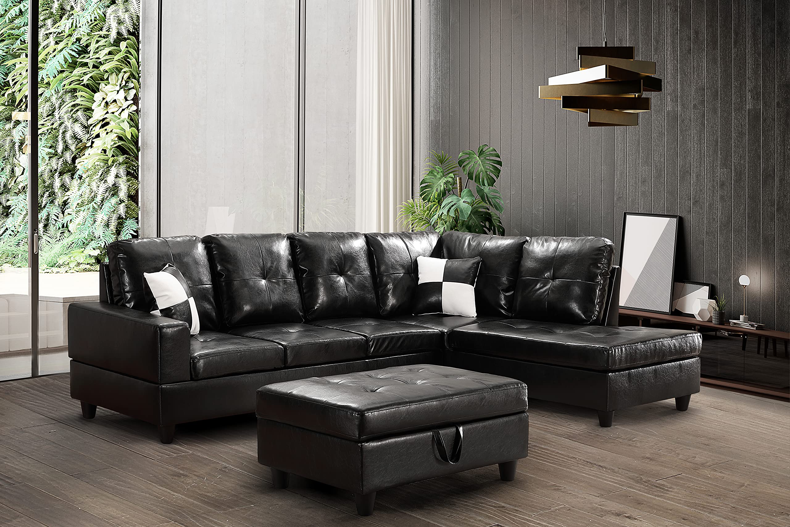GINGVAT Black Faux Leather Sectional Sofa, L Shaped Couch with Right Chaise Storage Ottoman & 2 Pillows for Living Room Furniture Sets