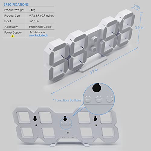 KOSUMOSU Digital Clock 3D LED Wall Clock 9.7" Bedside Clock for Bedroom Living Room Office Classroom Night Light Auto/Custom Brightness, Temperature, Remote Control (Warm Light)
