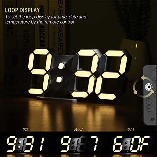KOSUMOSU Digital Clock 3D LED Wall Clock 9.7" Bedside Clock for Bedroom Living Room Office Classroom Night Light Auto/Custom Brightness, Temperature, Remote Control (Warm Light)
