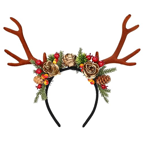MOSTORY Handmade Christams Antler Headband - Brown Reindeer Hairband Xmas Woodland Headpiece Forest Deer Crown with Berry Pine Cone for Retro Party Renfaire Prom Cosplay Rose