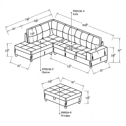 NOTOP 3-Piece Faux Leather L-Shaped Sectional Sofas, Button Tufted Upholstered Couch Set with Left Chaise Longue and Storage Ottoman, for Living Room, Home, Office, White Black