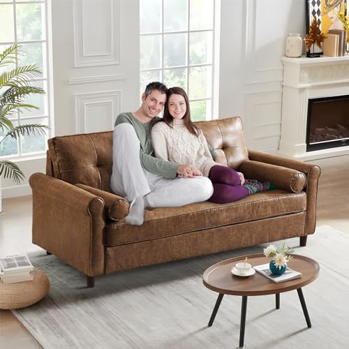 JEEOHEY Small Couch, 60 Inch Mid-Century Modern Faux Leather Upholstered Loveseat Sofa Furniture for Small Space, Living Room, Bedroom, 2 Throw Pillows, Rolled Arm, Back Cushion, Brown