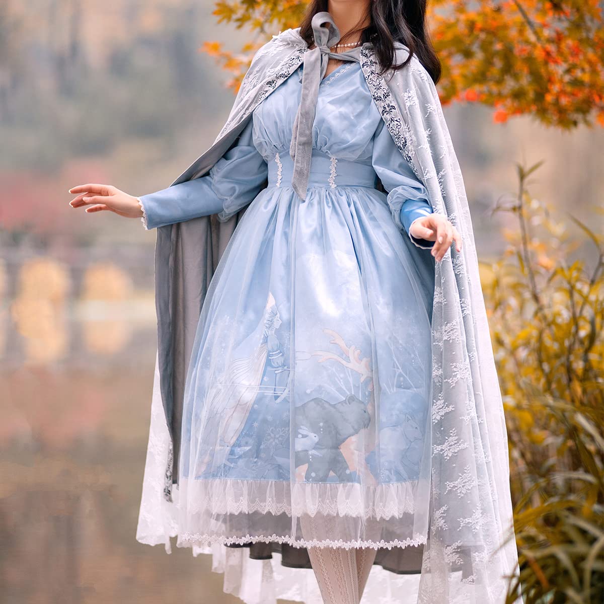 Mingyuezai Renaissance Hooded Cape Gothic Velvet Cloak Medieval Witch Capelet(Grey)