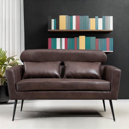 51" Faux Leather Loveseat Sofa with 2 Throw Pillows,Mid-Century Loveseat Faux Leather Sofa Couch for Small Space,Two-Seater Sofa with Metal Legs,Small Mini Room Couch for Office (Dark Brown)