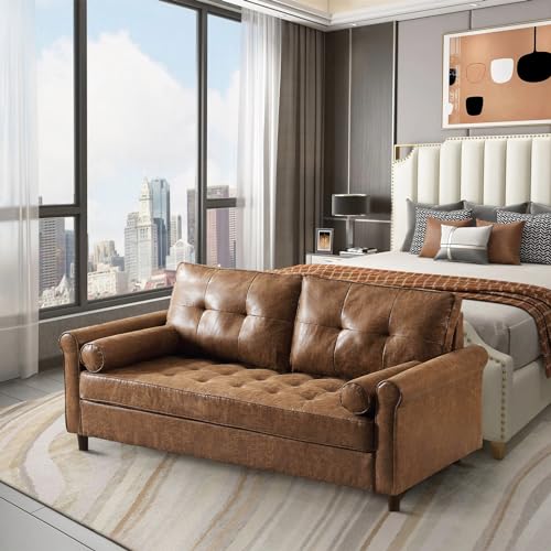 JEEOHEY Small Couch, 60 Inch Mid-Century Modern Faux Leather Upholstered Loveseat Sofa Furniture for Small Space, Living Room, Bedroom, 2 Throw Pillows, Rolled Arm, Back Cushion, Brown