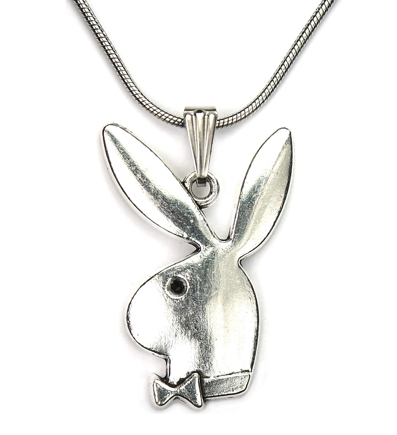 Playboy Bunny Necklace, 18" (45cm) Snake Chain, Pure 304 Stainless No-Tarnish Chain with Antiqued Silver Zinc Alloy Playboi Pendant