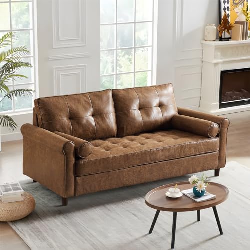 JEEOHEY Small Couch, 60 Inch Mid-Century Modern Faux Leather Upholstered Loveseat Sofa Furniture for Small Space, Living Room, Bedroom, 2 Throw Pillows, Rolled Arm, Back Cushion, Brown