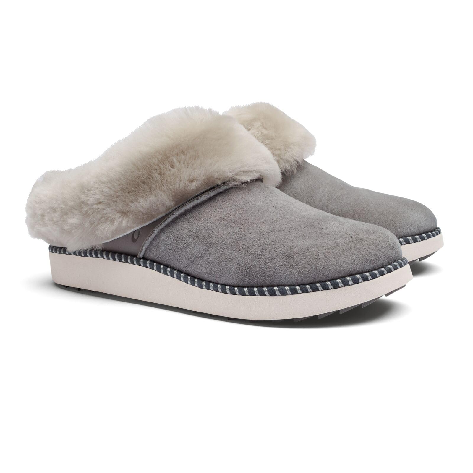 OLUKAI Ku'i Women's Slipper, Soft Full-Grain Leather & Wool Blend Footbed, Wet Grip Soles for Inside & Outside Wear, Cute & Comfortable Slip-On, Fog/Mist Grey, 7