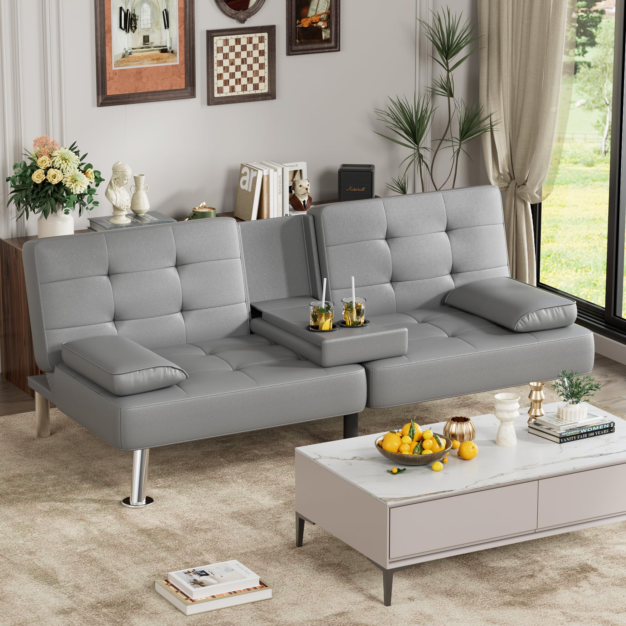 JUMMICO Faux Leather Futon Sofa Bed Futon Couch with Removable Armrests Adjustable Sleeper Sofa Bed with 2 Cup Holders for Living Room (PU Leather, Grey)