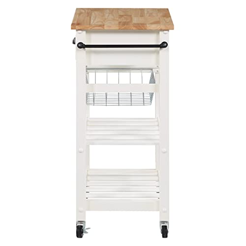 OS Home and Office Furniture Model HMPNW-11 Hampton Kitchen Cart in White with Solid Rubberwood Top