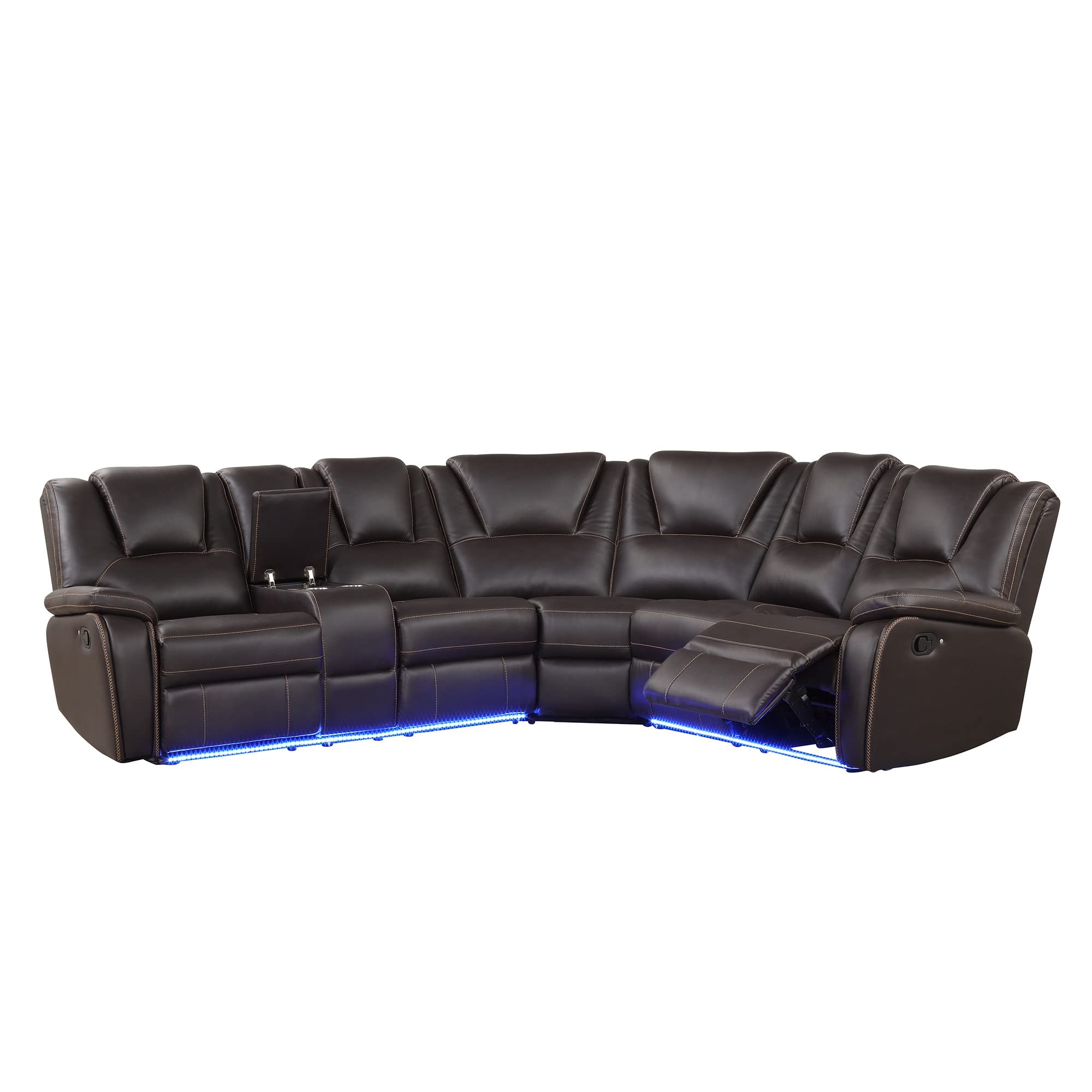 Lifeand Modern Faux Leather Manual Reclining with Center Console and Light Strip,PU Symmetrical Couch with 2 Cup Holders and Storage for Living Room,Brown