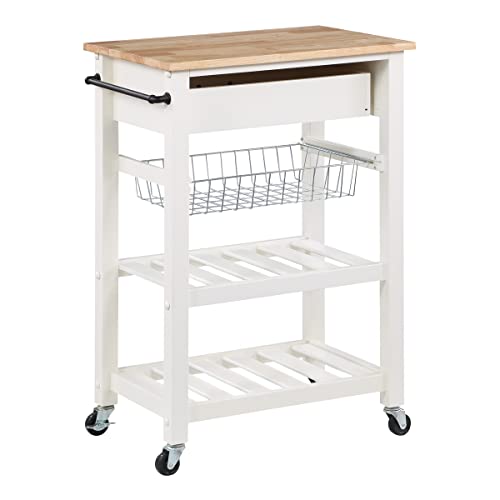OS Home and Office Furniture Model HMPNW-11 Hampton Kitchen Cart in White with Solid Rubberwood Top