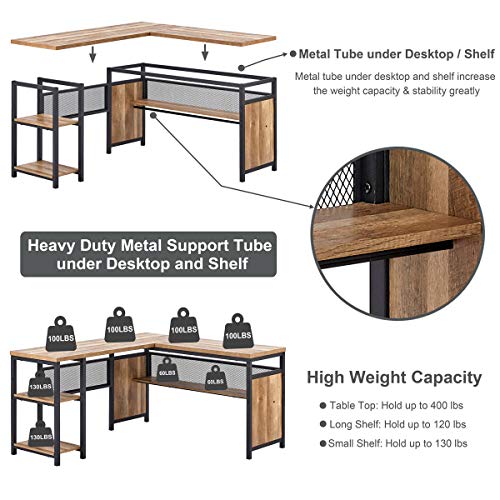 FATORRI L Shaped Computer Desk, Industrial Office Desk with Shelves, Rustic Wood and Metal Corner Desk for Home Office (Rustic Oak, 59 Inch)