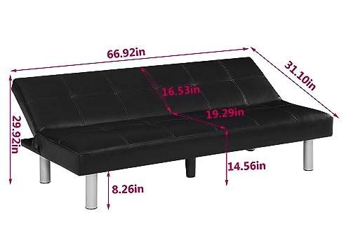 Eafurn Faux Leather Convertible Futon Sofa Adjustable Sleeper Couch Modern Home Recliner Reversible Loveseat Folding Daybed Guest Bed Small Sofabed with Metal Legs for Dorm, Apartment, Black 66.92"