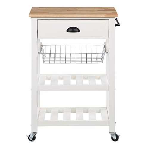 OS Home and Office Furniture Model HMPNW-11 Hampton Kitchen Cart in White with Solid Rubberwood Top