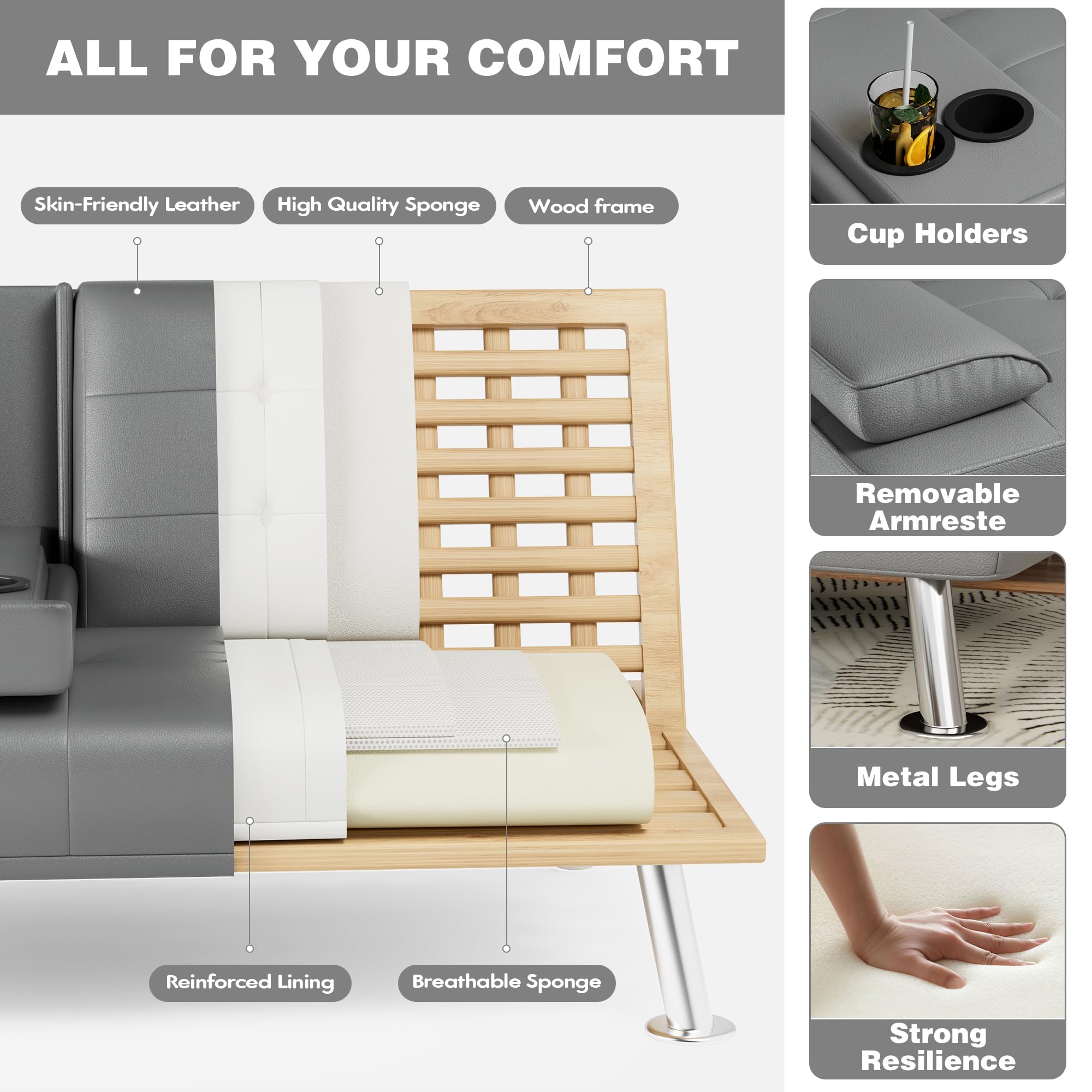 JUMMICO Faux Leather Futon Sofa Bed Futon Couch with Removable Armrests Adjustable Sleeper Sofa Bed with 2 Cup Holders for Living Room (PU Leather, Grey)