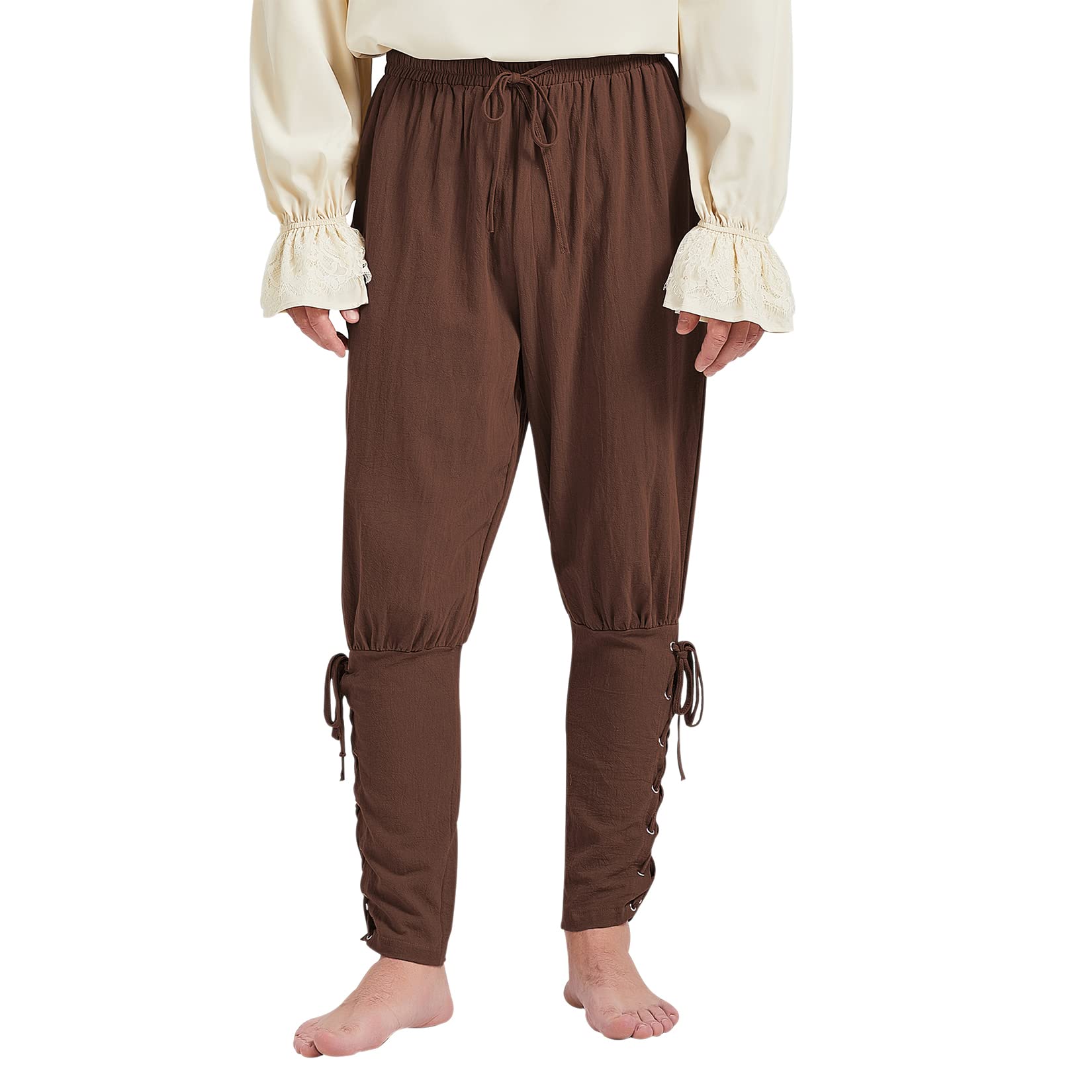 Men's Ankle Banded Cuff Renaissance Pants Medieval Viking Navigator Trousers Pirate Pants Steampunk Lace Up Cosplay Pants with Drawstrings 02 Brown XX-Large