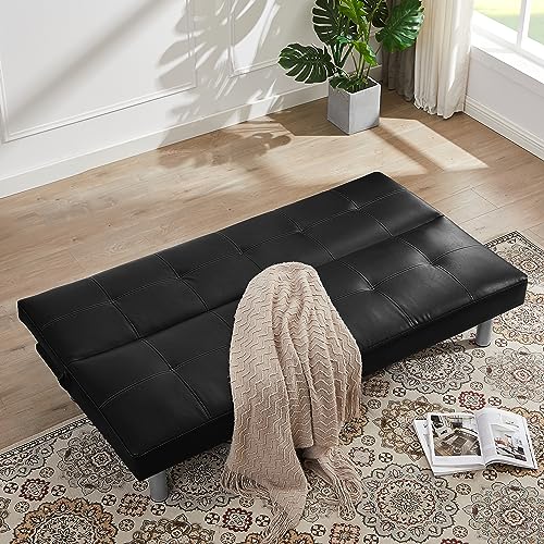 Eafurn Faux Leather Convertible Futon Sofa Adjustable Sleeper Couch Modern Home Recliner Reversible Loveseat Folding Daybed Guest Bed Small Sofabed with Metal Legs for Dorm, Apartment, Black 66.92"