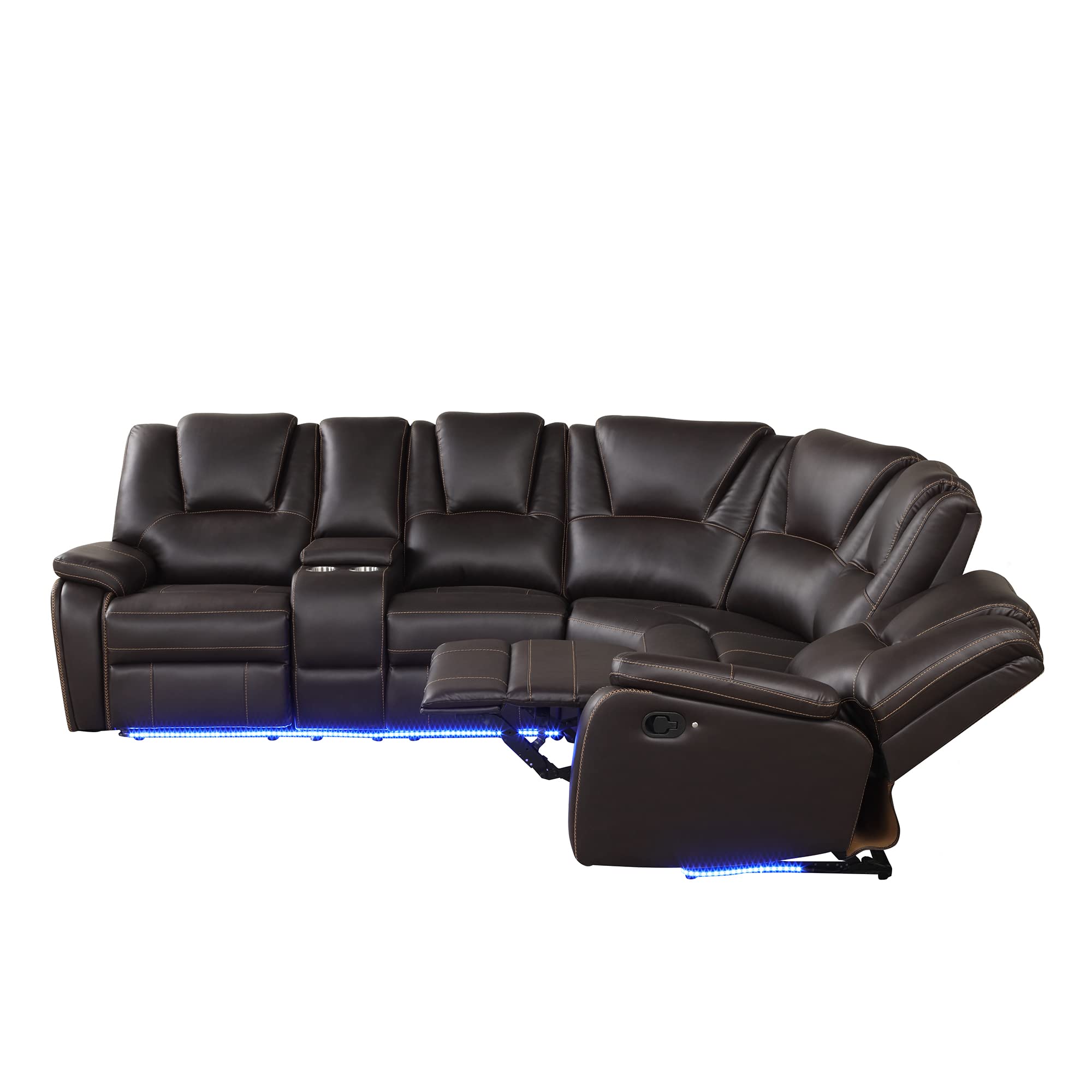 Lifeand Modern Faux Leather Manual Reclining with Center Console and Light Strip,PU Symmetrical Couch with 2 Cup Holders and Storage for Living Room,Brown