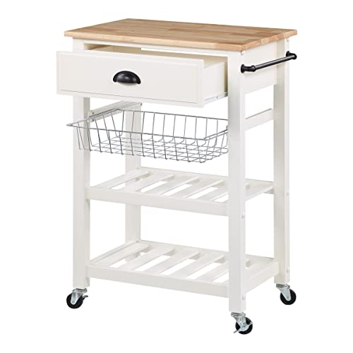 OS Home and Office Furniture Model HMPNW-11 Hampton Kitchen Cart in White with Solid Rubberwood Top