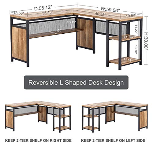 FATORRI L Shaped Computer Desk, Industrial Office Desk with Shelves, Rustic Wood and Metal Corner Desk for Home Office (Rustic Oak, 59 Inch)