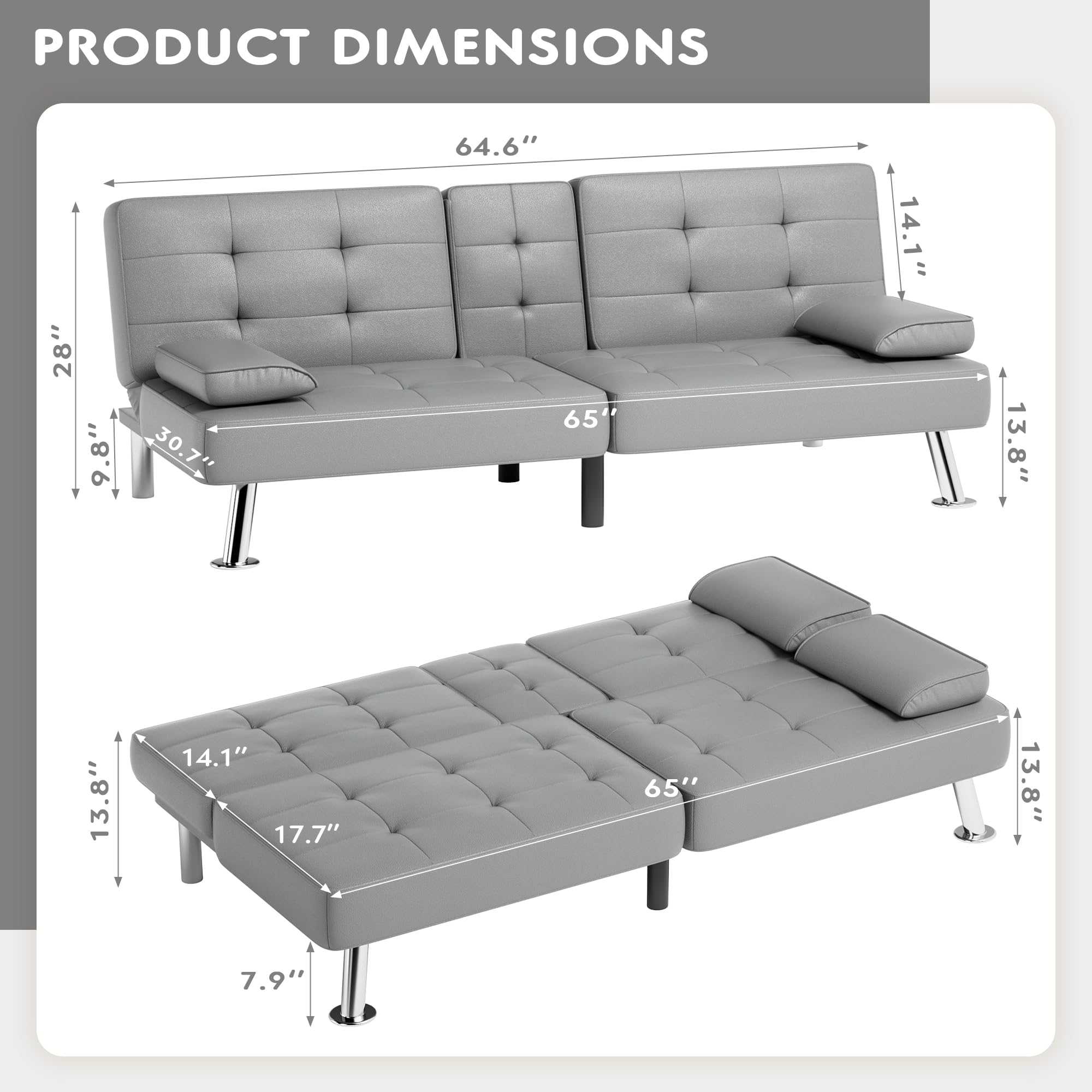 JUMMICO Faux Leather Futon Sofa Bed Futon Couch with Removable Armrests Adjustable Sleeper Sofa Bed with 2 Cup Holders for Living Room (PU Leather, Grey)