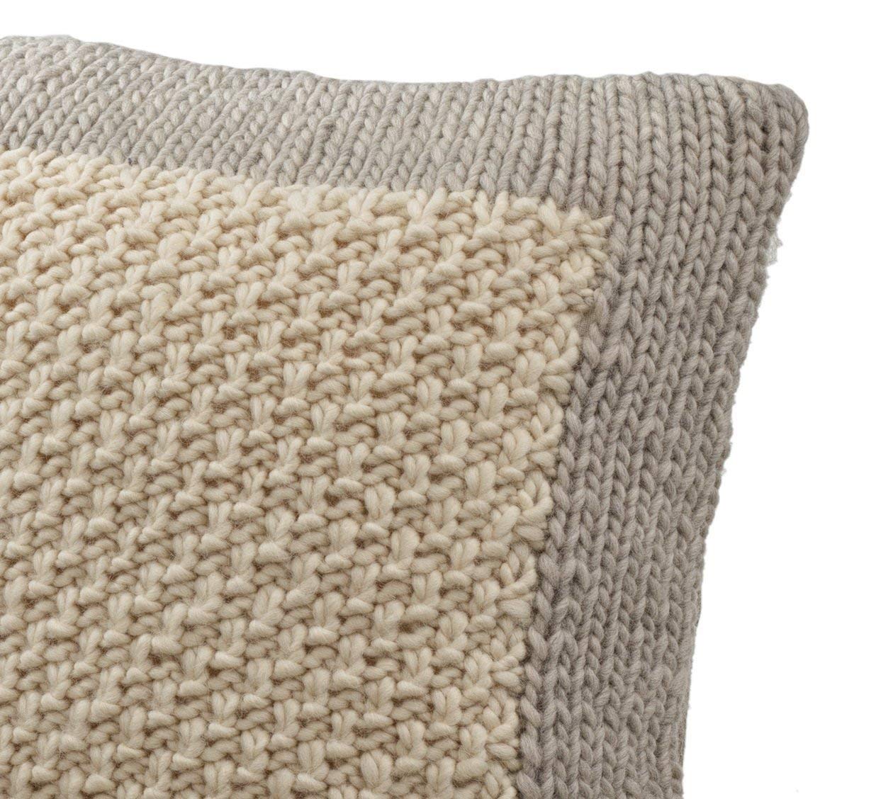 Merino Wool Cushion, Hand Knit Pillow Knitted Pillow Knitted White Ggrey Roving Yarn Square Handmade 16.5 x16.5 inches