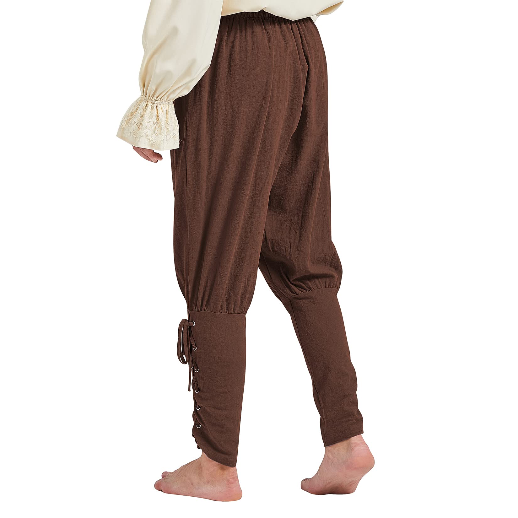 Men's Ankle Banded Cuff Renaissance Pants Medieval Viking Navigator Trousers Pirate Pants Steampunk Lace Up Cosplay Pants with Drawstrings 02 Brown XX-Large