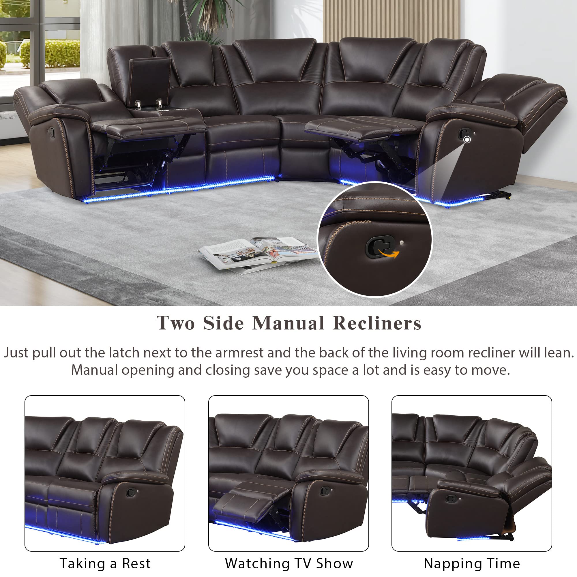 Lifeand Modern Faux Leather Manual Reclining with Center Console and Light Strip,PU Symmetrical Couch with 2 Cup Holders and Storage for Living Room,Brown